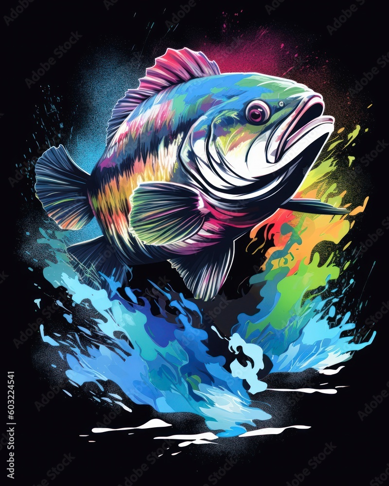 largemouth bass fishing aggressive fish paint splash body shirt design ...