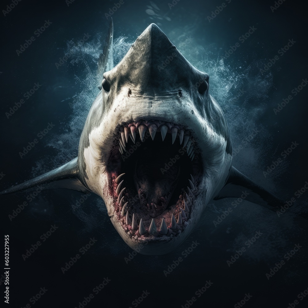 Massive megalodon shark swims in the depths of the underwater world ...