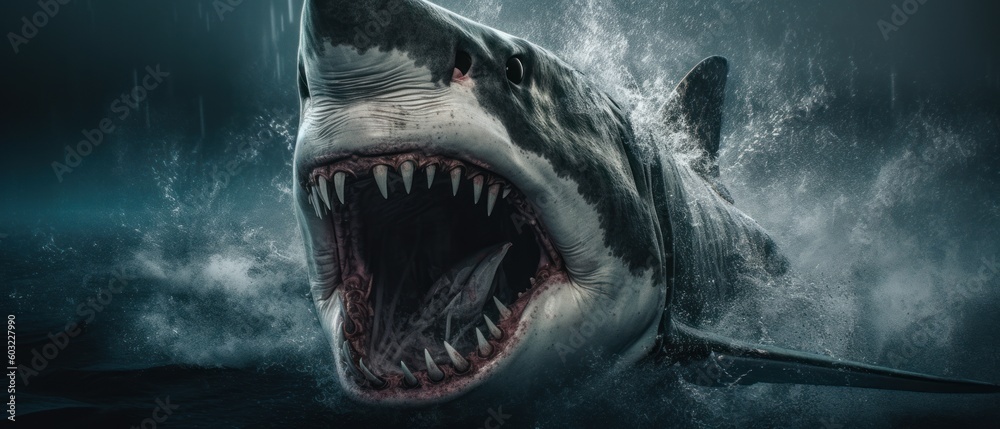 Massive megalodon shark swims in the depths of the underwater world ...