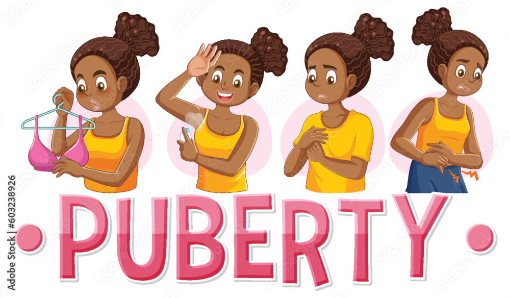 Teenage Girls Cartoon Characters with Puberty Texts Stock Vector ...