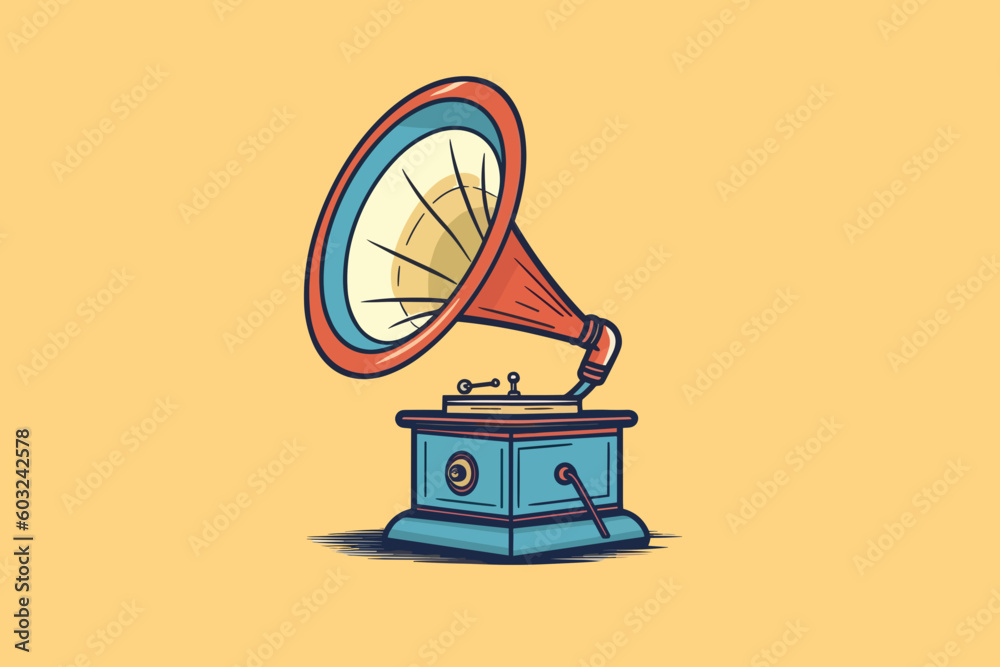 Doodle inspired Victrola, cartoon sticker, sketch, vector, Illustration ...
