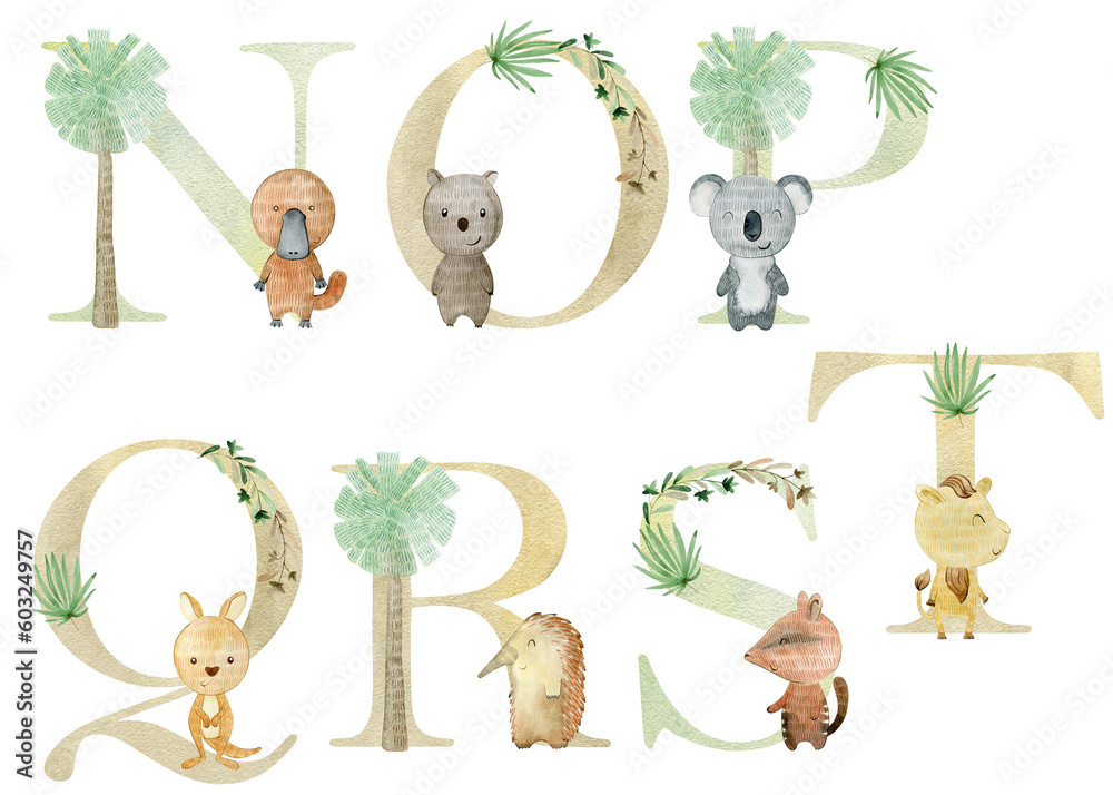 Watercolor australian animals letters for invitation card, nursery ...