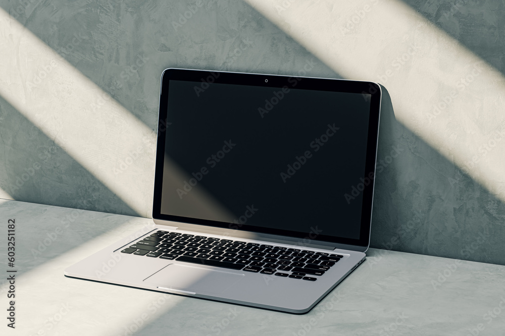 Perspective view on blank dark modern laptop monitor with place for ...