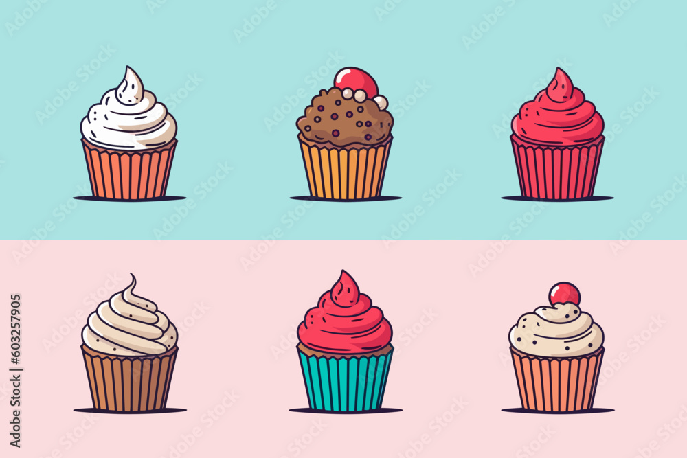 Doodle inspired Cupcake toppers, cartoon sticker, sketch, vector ...