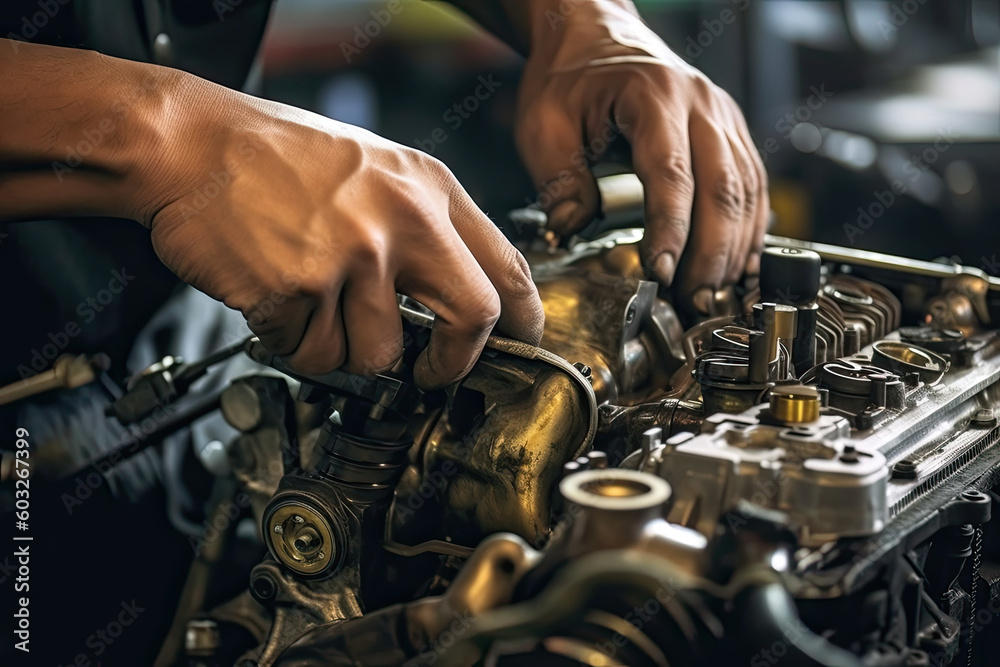 Professional mechanic working on the engine of the car in the garage ...