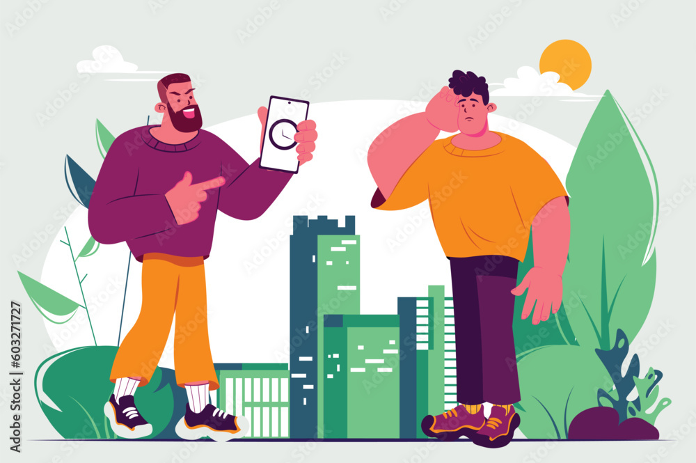 Vetor de Lateness concept with people scene in the flat cartoon style ...