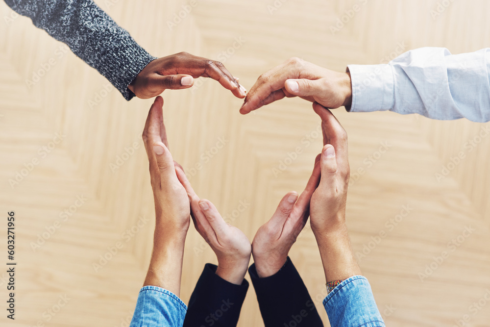 Teamwork, heart or hands of business people in support for trust ...