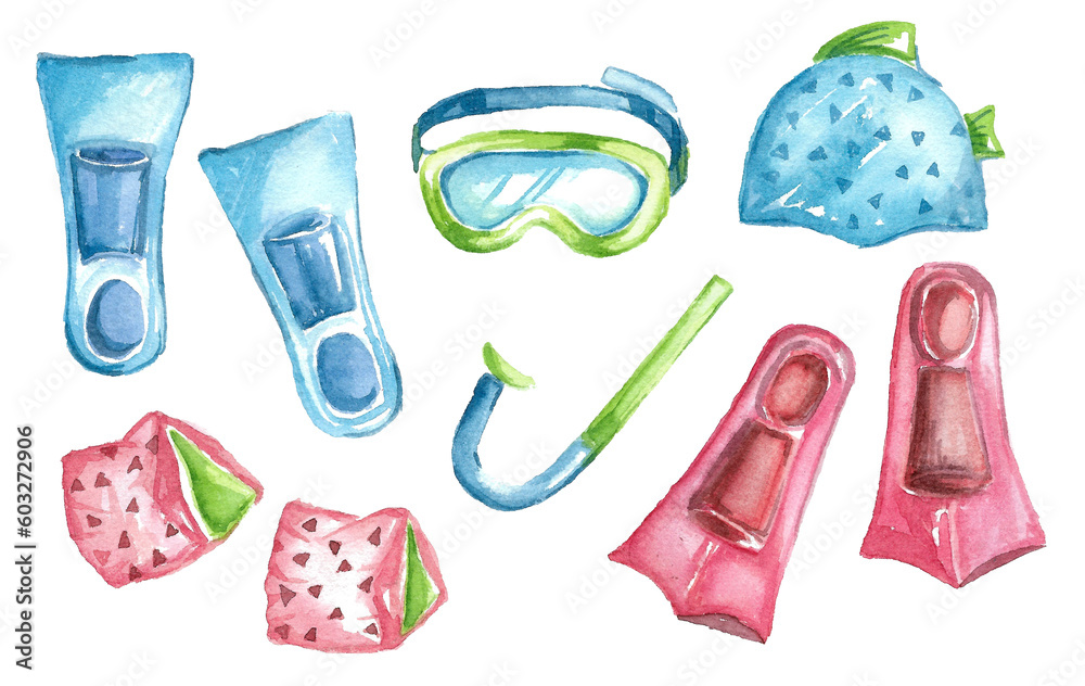 Set of elements for swimming in the pool. Blue and pink flippers for a ...