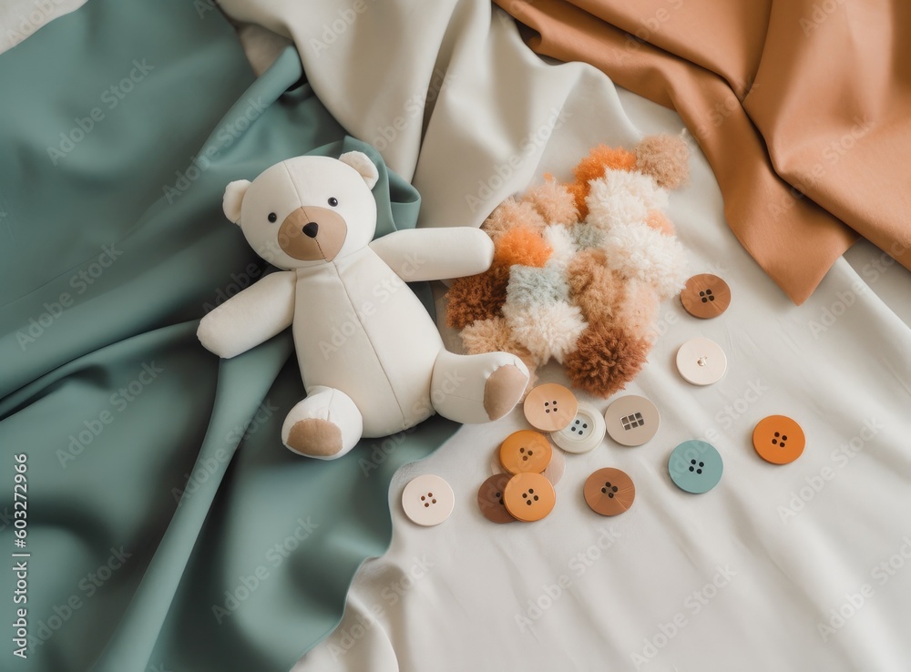 Toy for children. teddy bear, buttons scattered. Needlework and sewing ...