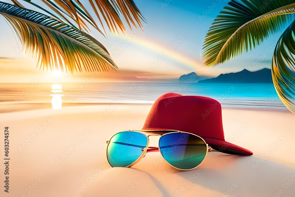 Beautiful summer vacation holidays. sea beach with palm tree leaves ...