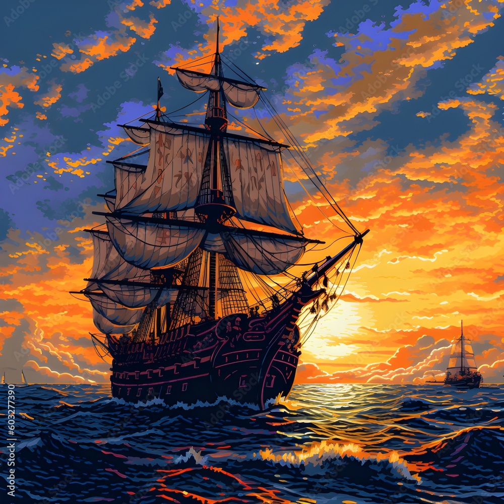 ship in the sea, pixel art, pixel art style, generative ai Stock ...