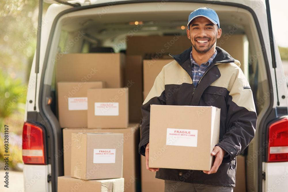 Shipping, delivery and box with portrait of man by van for courier ...