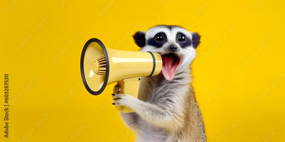 Meerkat announcing using hand speaker. Notifying, warning, announcement ...