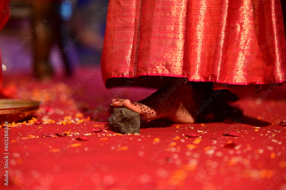 Bride Touch Stone byy leg on seven steps ceremony in marathi hindu ...