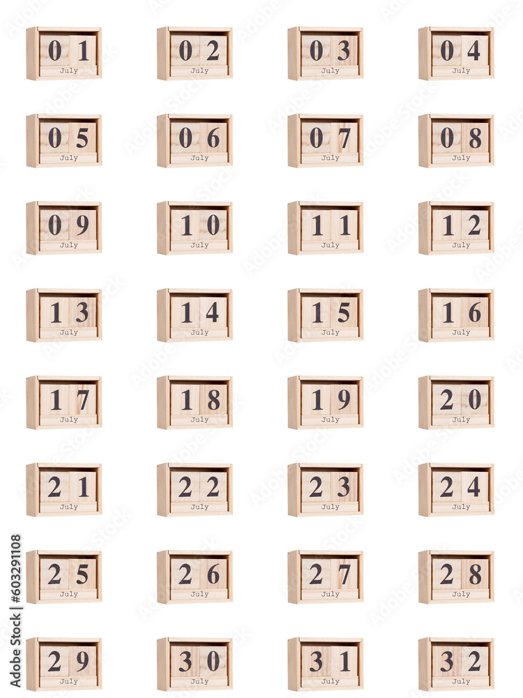 Wooden calendar, set of dates for the month of July 01-32, png on a ...