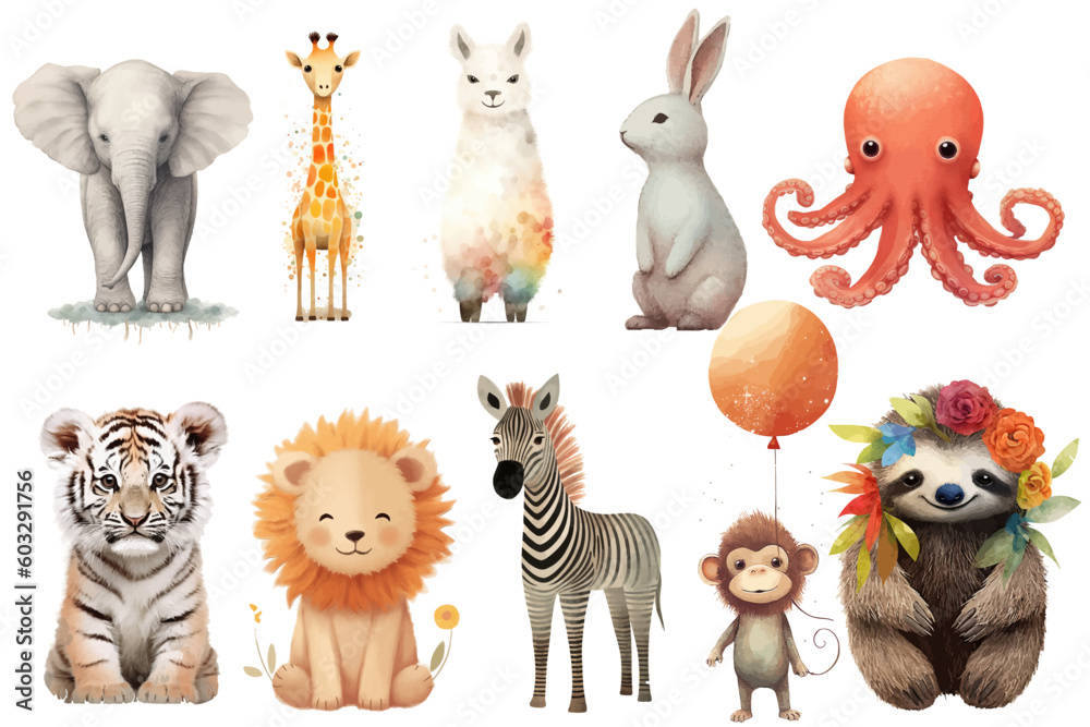Watercolor set of Cute Baby elephant, zebra, octopus, tiger, monkey ...