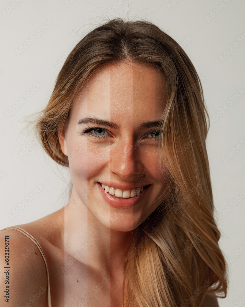 Charming young girl, woman with clear skin demonstrating different ...