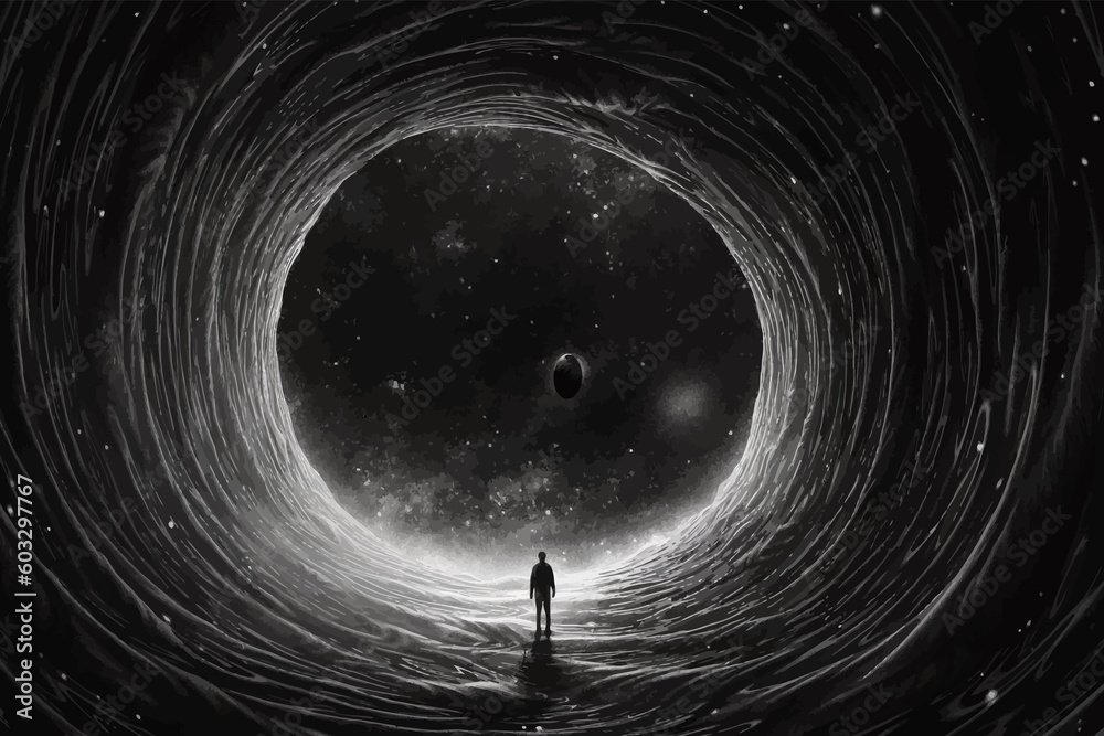 Desolate cosmic void. Man standing in front of a black cosmic abyss ...