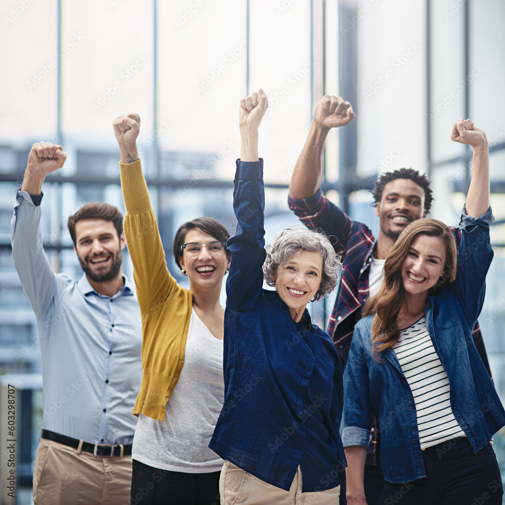 Celebration, portrait and business team with fist in office for ...