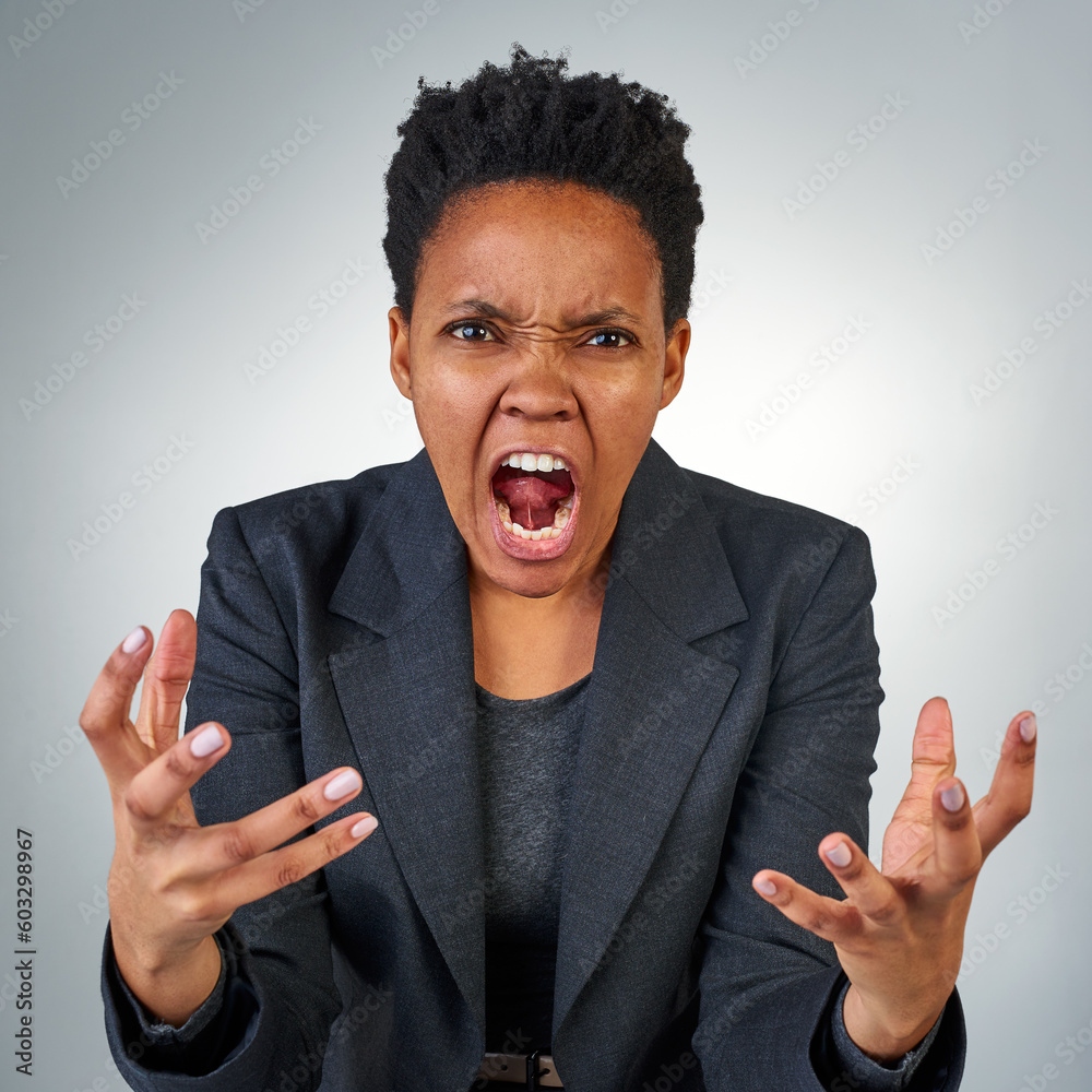 Anger, frustrated and portrait of black woman in studio for screaming ...