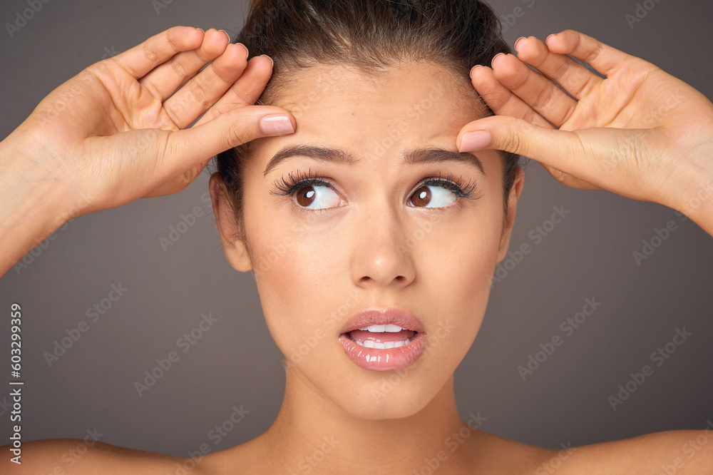 Stress, beauty and a woman with face wrinkles isolated on a dark ...