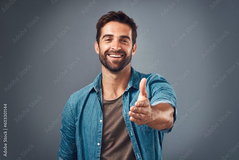 Happy man, portrait and handshake for introduction, welcome or greeting ...