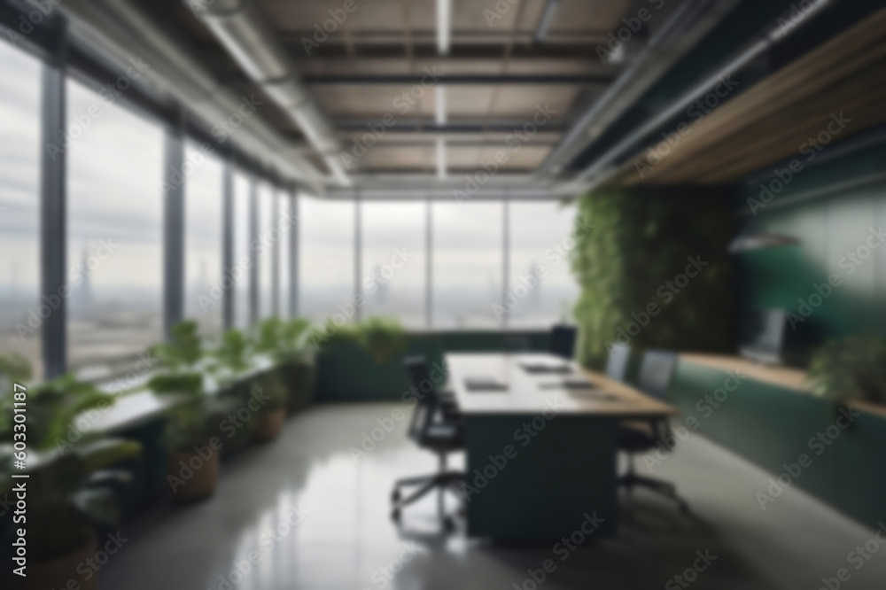 Blurred sustainable green office interior, business background ...