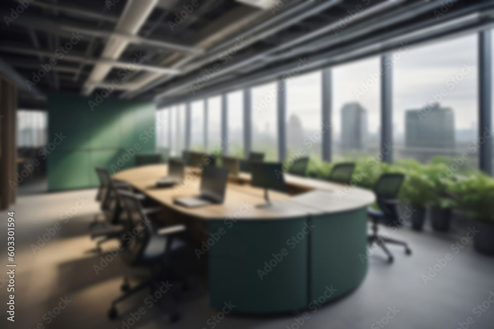 Blurred sustainable green office interior, business background ...