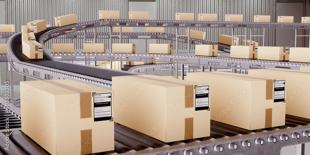 Conveyor with boxes. Production line. Parcels inside automated ...