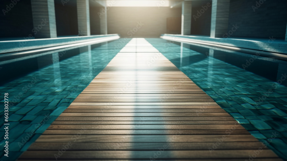 Serene hotel swimming pool background complements an empty wooden ...