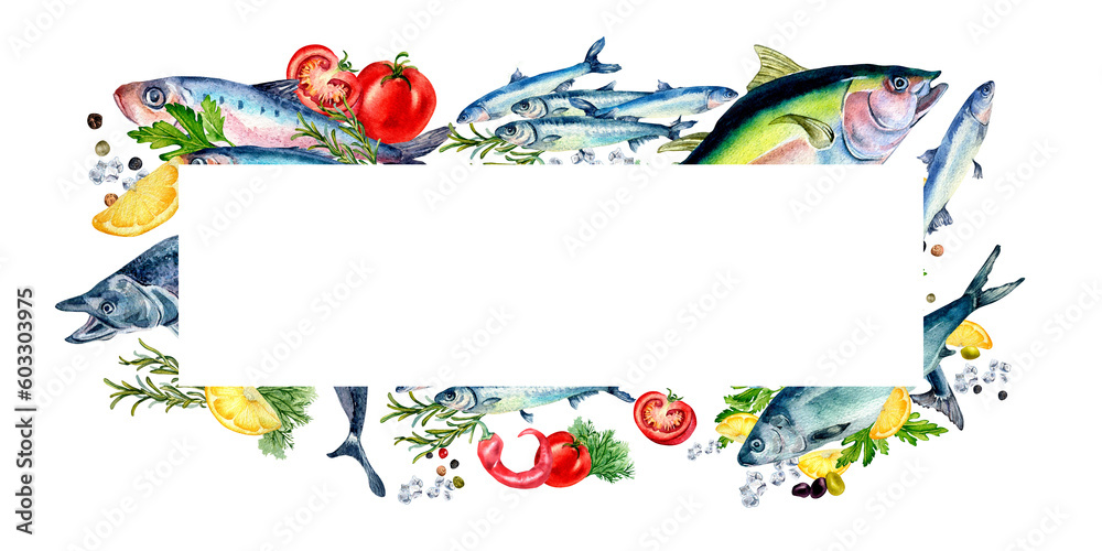 Frame of fresh fish and spices watercolor illustration isolated on ...