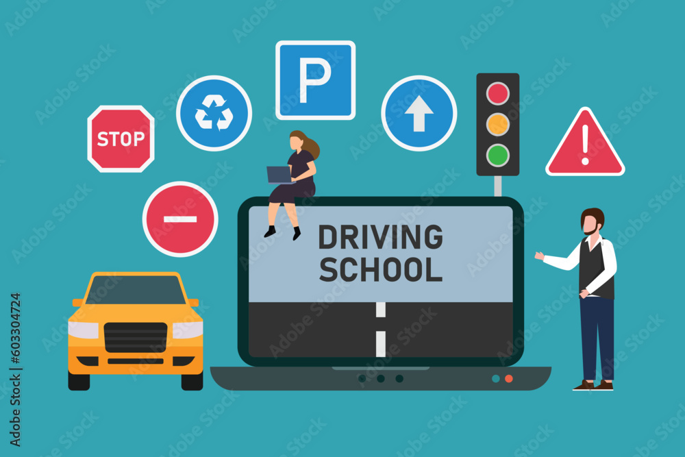 Traffic rules. Road signs Driving school Driver license 2d vector ...