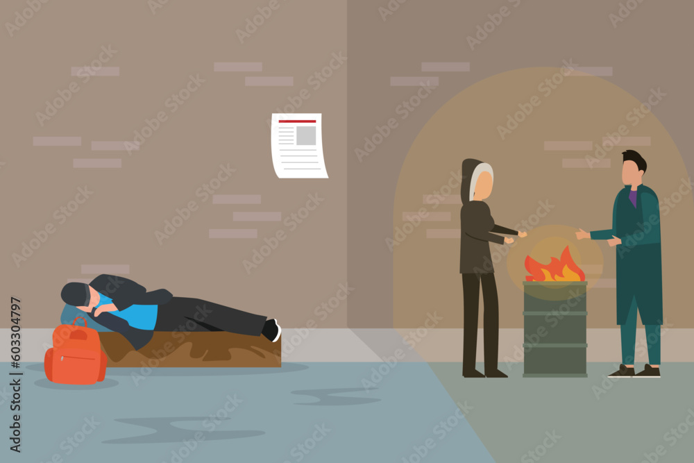 Homeless Adult Poor People 2d vector illustration concept for banner ...