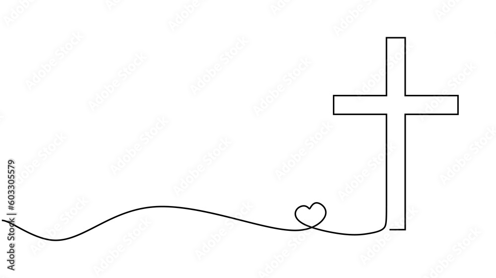 One Continuous line drawing cross of christ and heart. Cross symbol of ...