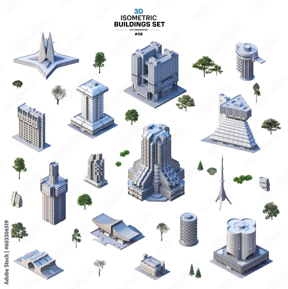 Isometric city constructor. Realistic urban 3D skyscrapers, business ...