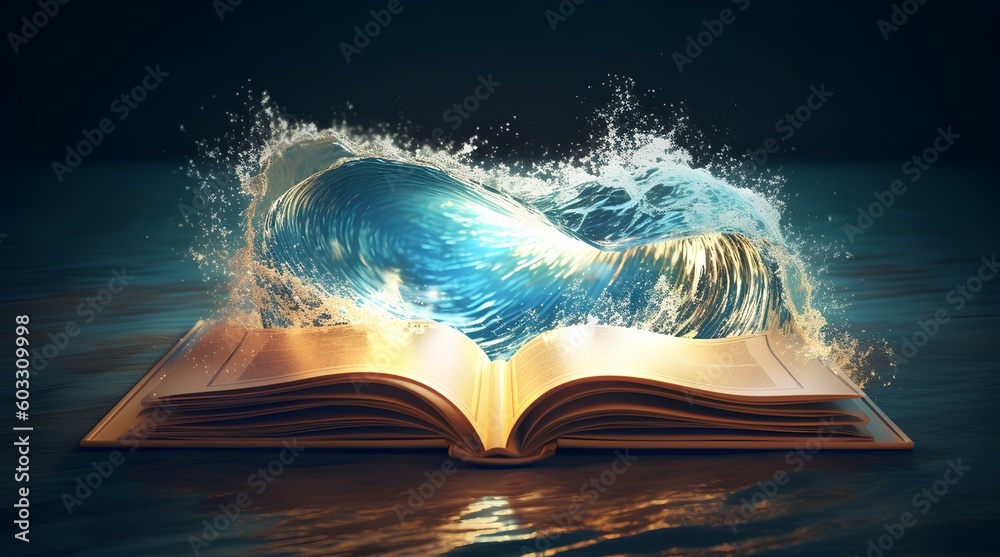 Sci-Fi open book with water comes out, on the ocean. Generative Ai ...
