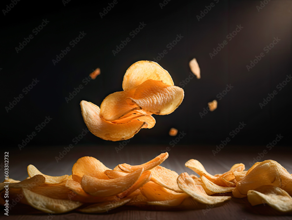 Flying ripple potato chips. Glass bowl and falling crispy vegetable ...