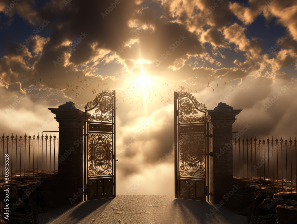 A depiction of the pearly gates of heaven open with the bright side of ...