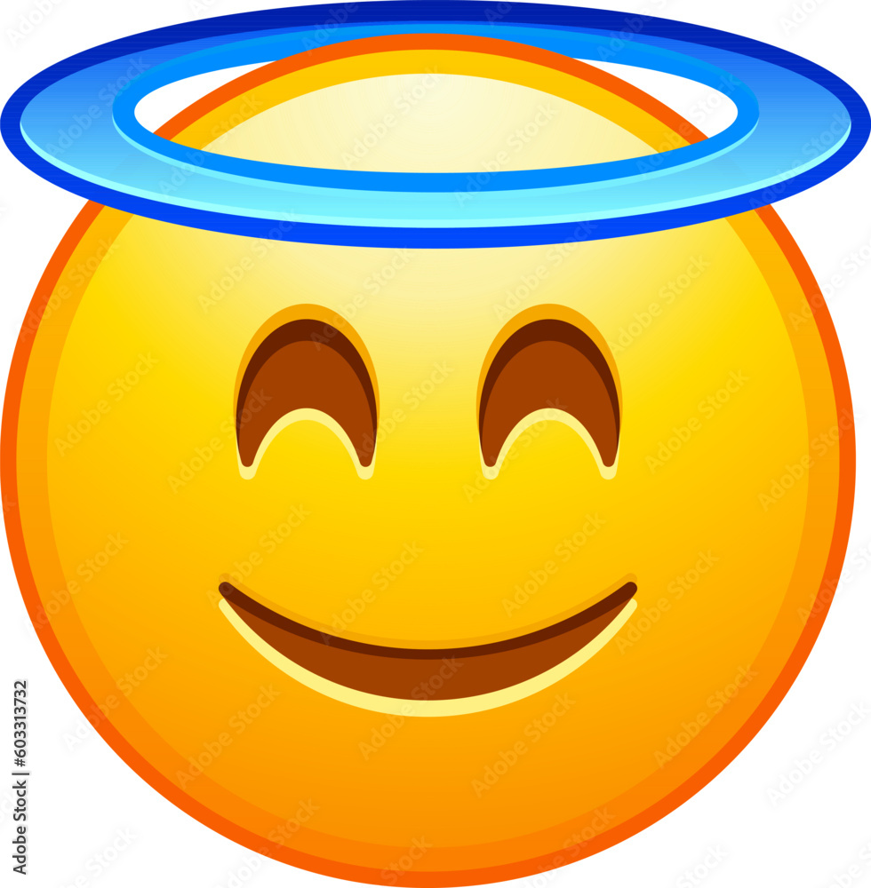 Top quality emoticon. Angel emoji. Holy emoticon with nimbus. Yellow face emoji. Popular element ...