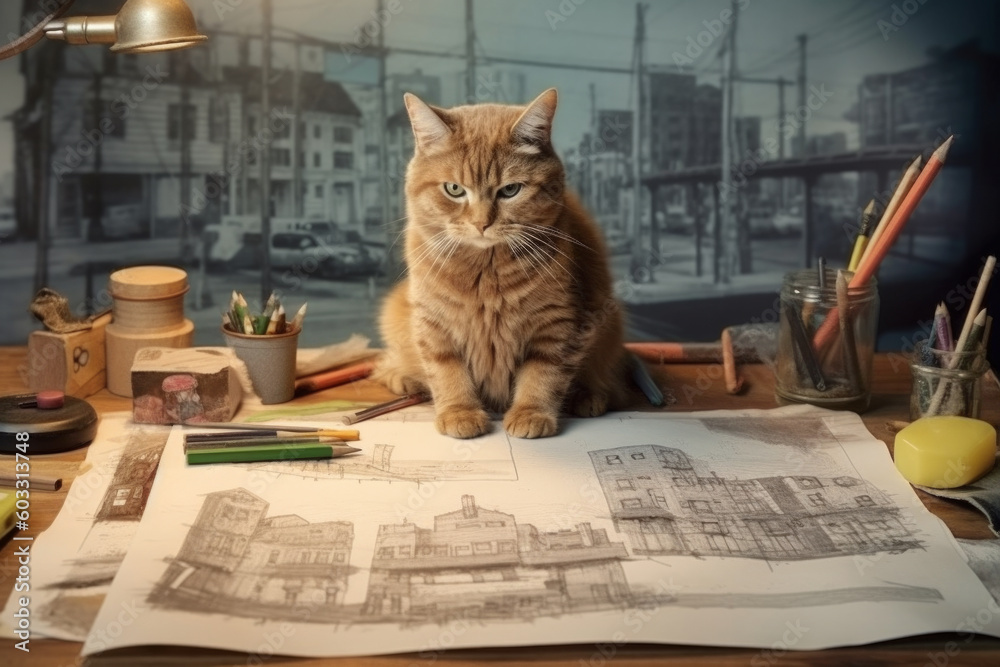 cat sketching a blueprint for house construction, conveying the idea of ...