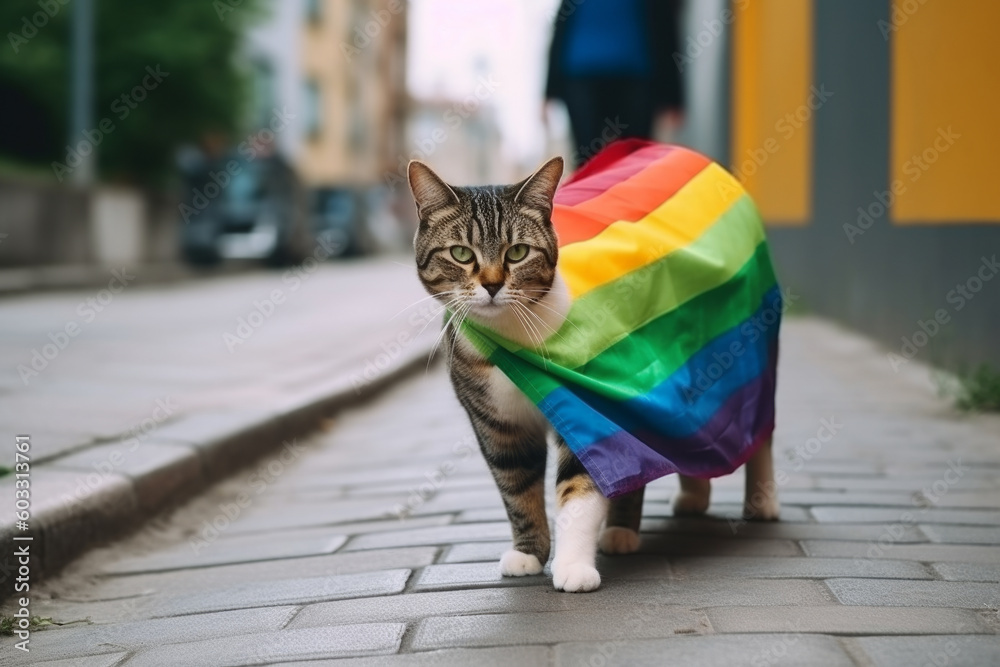 cat walking while wrapped in a colorful LGBT flag, symbolizing pride ...