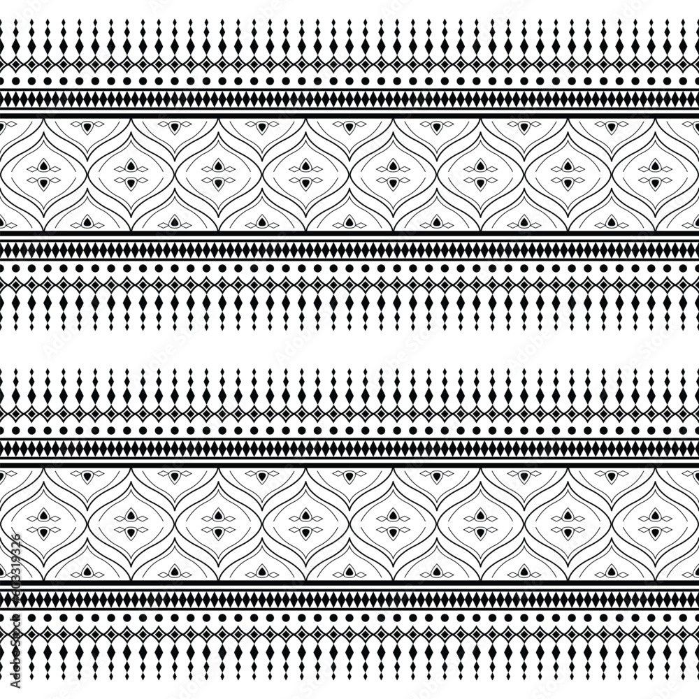Geometric ethnic floral seamless pattern traditional in black and white ...