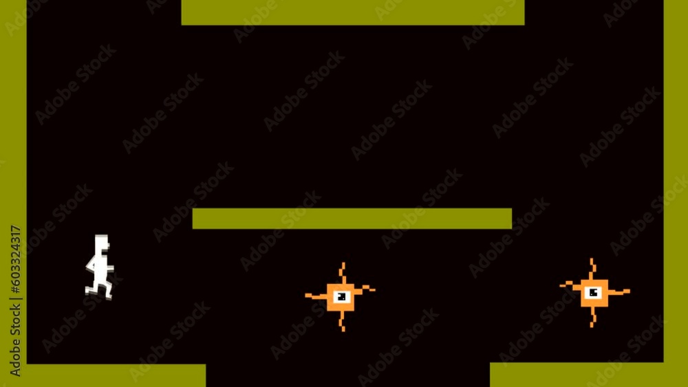 Animation of a game in 8-bit style of man running and shooting enemies ...