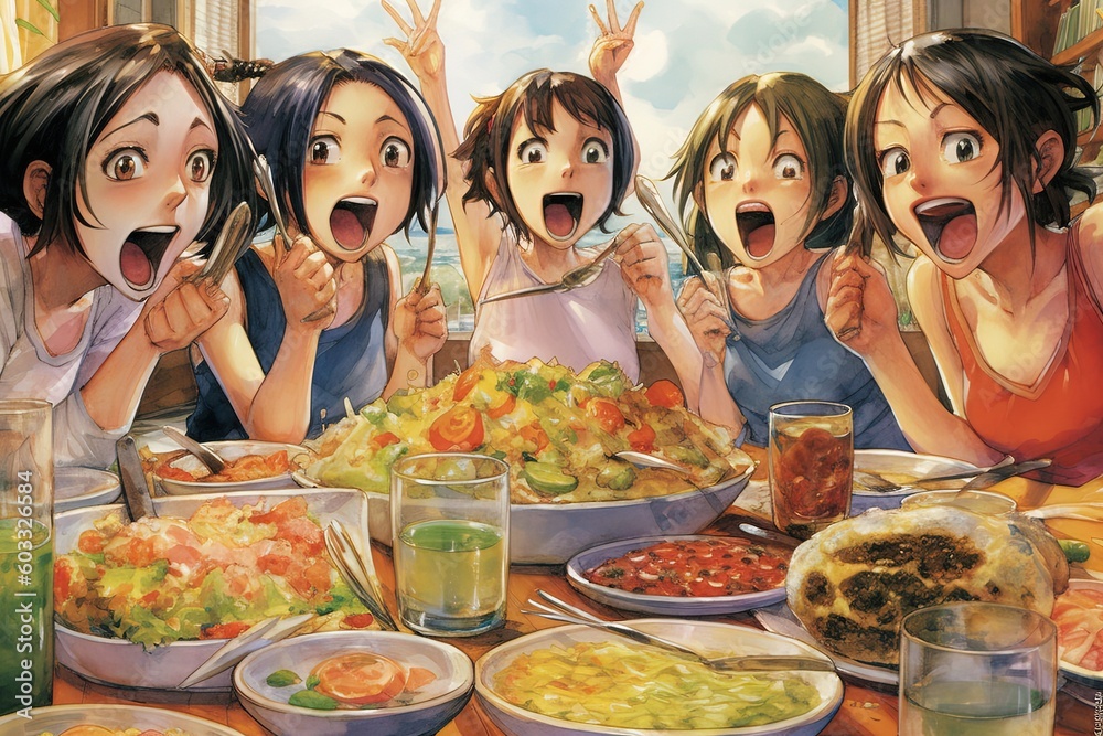 Manga girls participating in a wacky food - eating competition, with ...