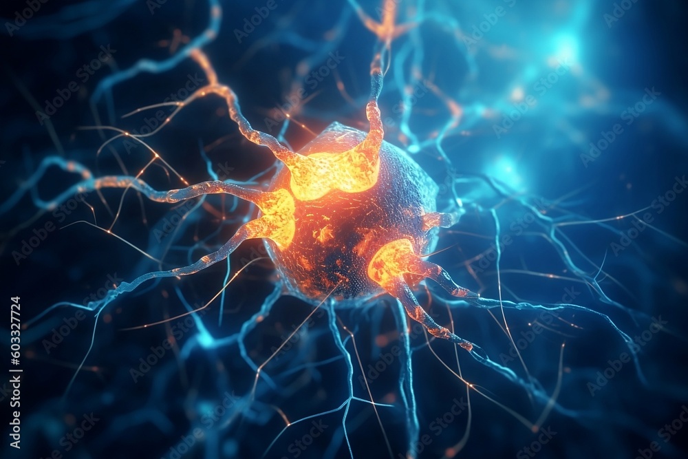 Neuron cell inside human brain with lightning electric connection ...