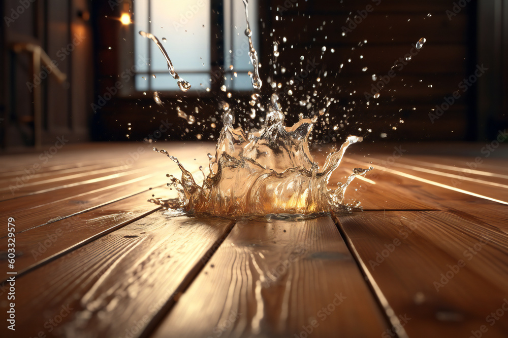 Water splash on wooden floor, created by generative AI tools. Stock ...