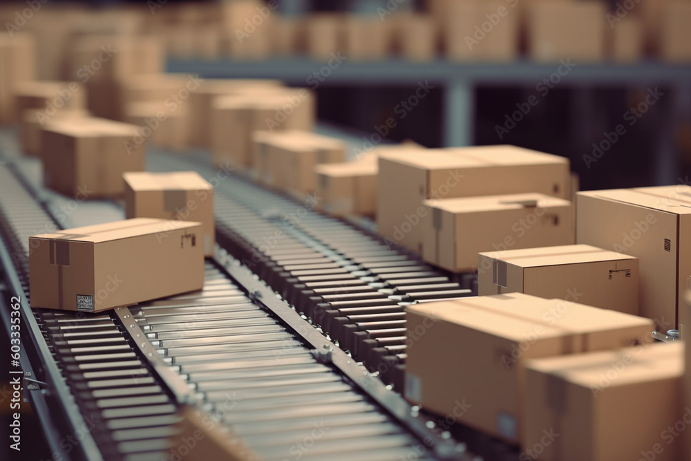 carton boxes on conveyor belt warehouse, sorting complex, logistics ...