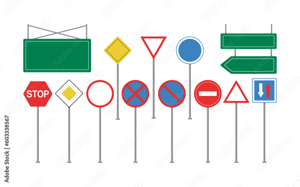 Various road signs vector illustrations set. Priority, prohibition ...
