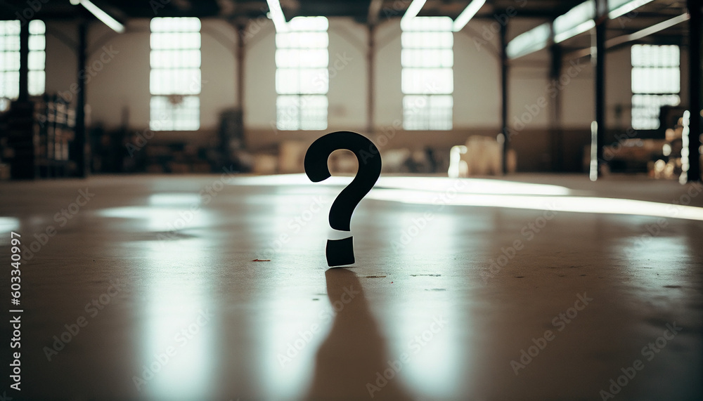 A black question mark standing in the middle of an empty warehouse or ...