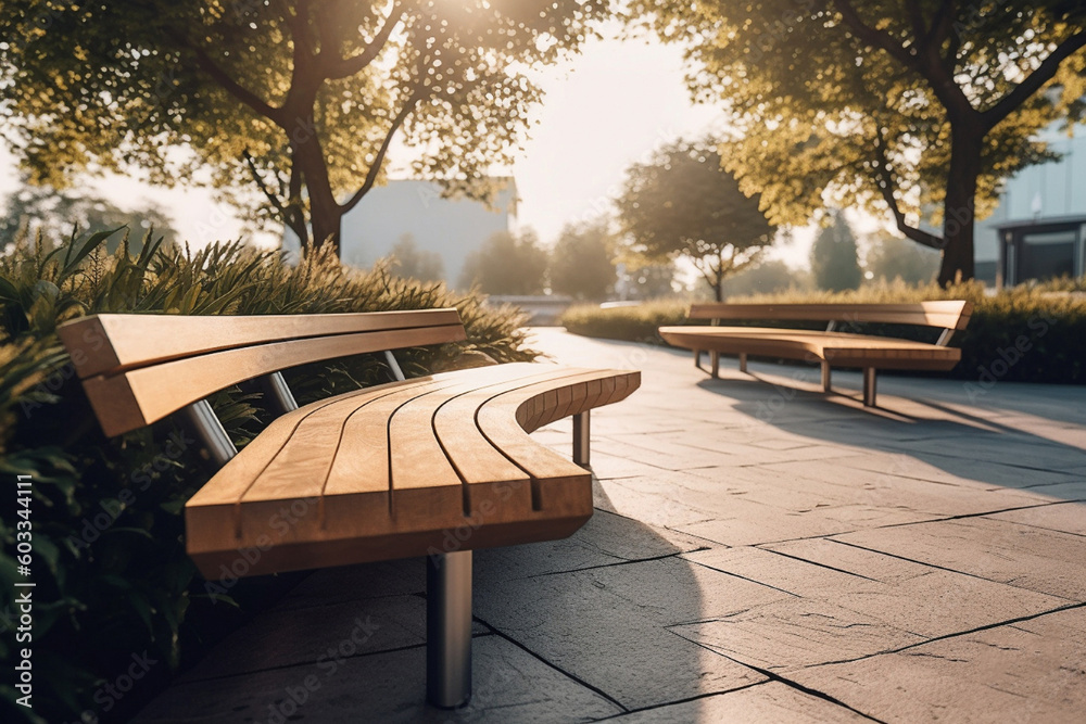 modern wooden benches for relaxing in the Park, created by a neural ...